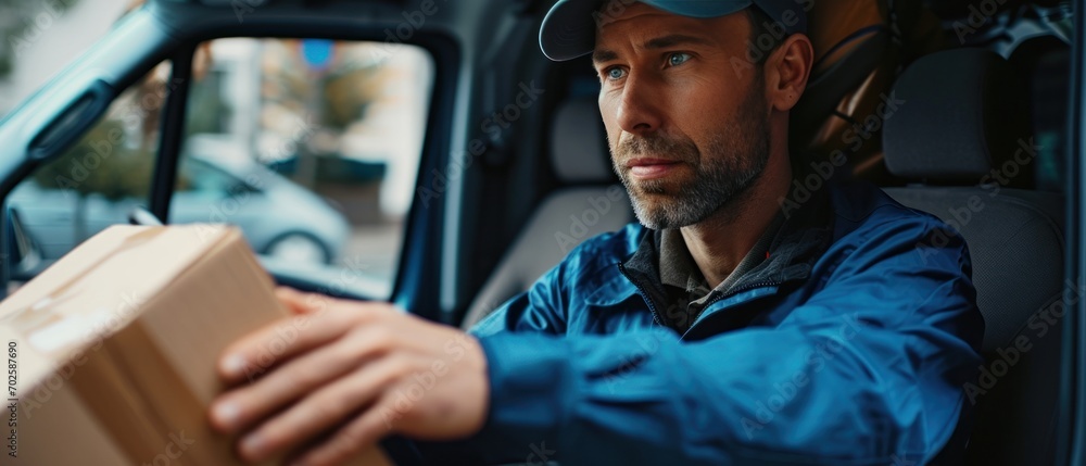 Handsome delivery man sending parcel box to customer, mail postman ...