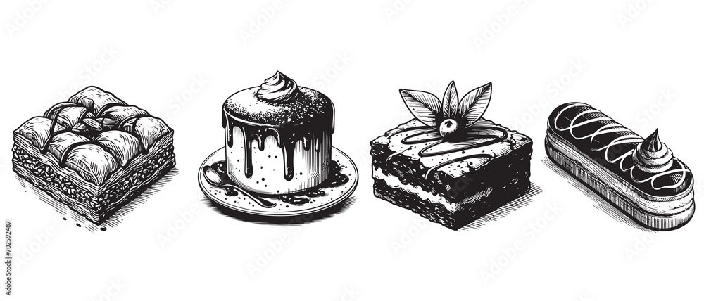 dessert cake bakery set sketch hand drawn vector pastry food, chocolate cream menu, sweet pie ...