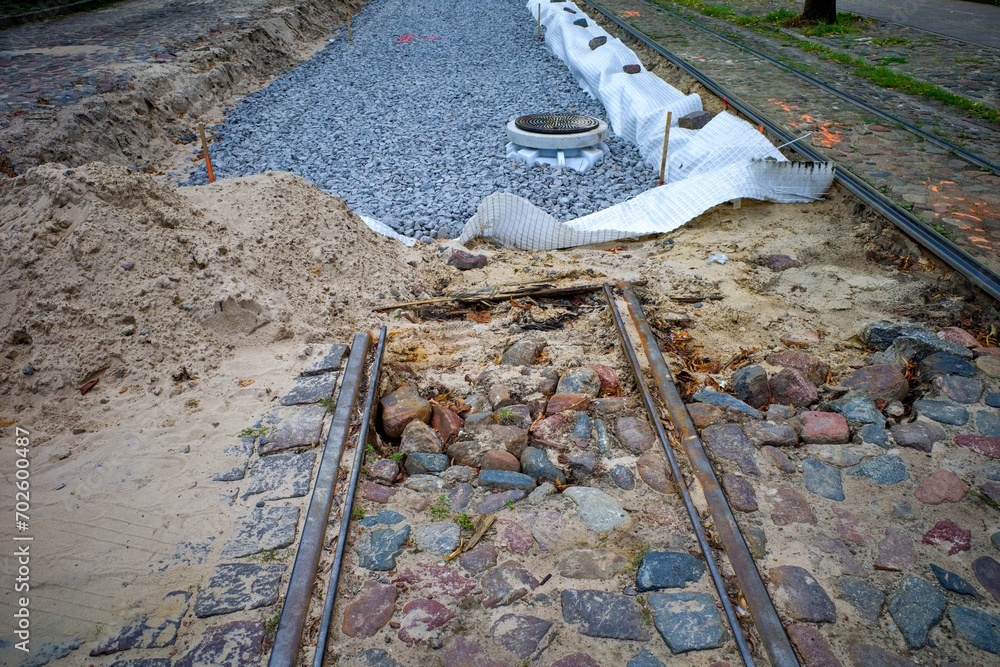 Installation of tram lines. Narrow gauge railway. Stock Photo | Adobe Stock