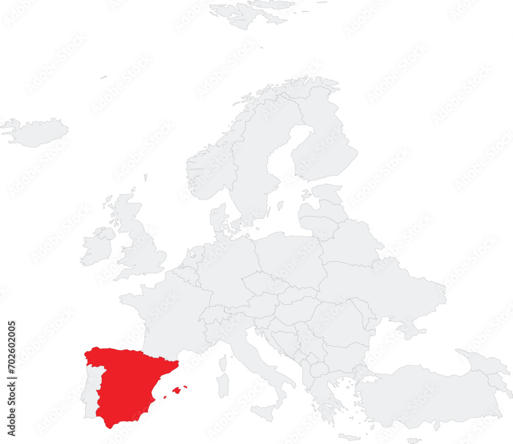 Red CMYK national map of SPAIN inside gray blank political map of ...