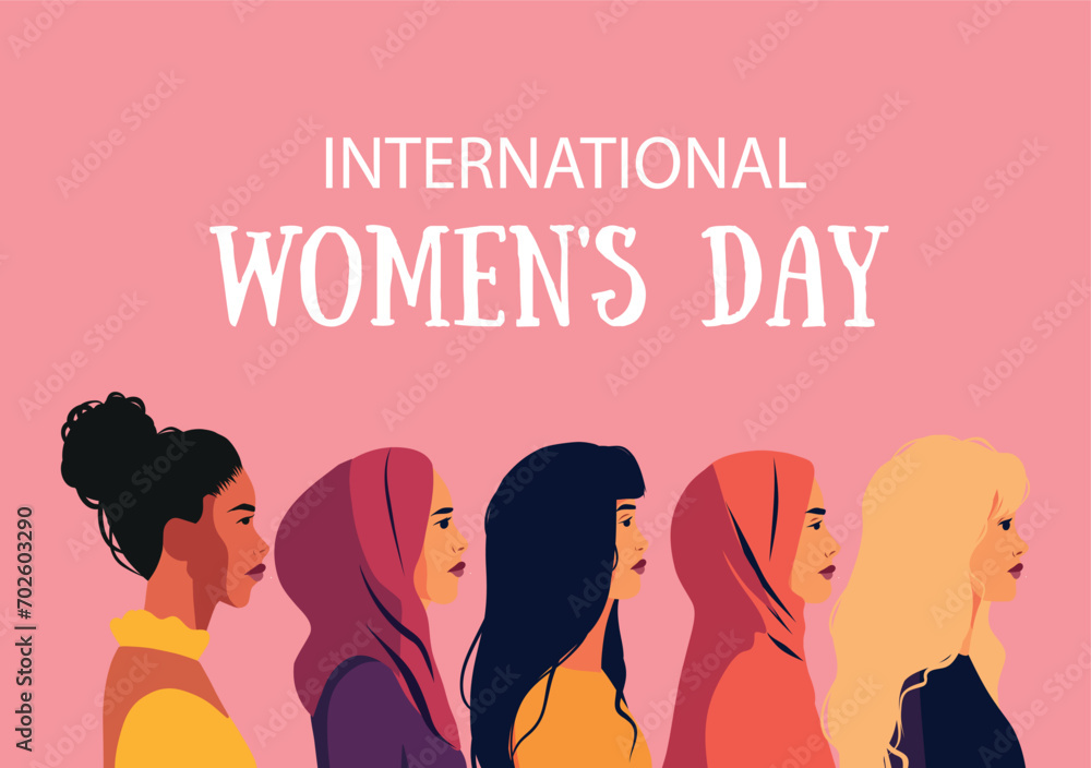 Vector flat banner for International Women's Day, women of different ...