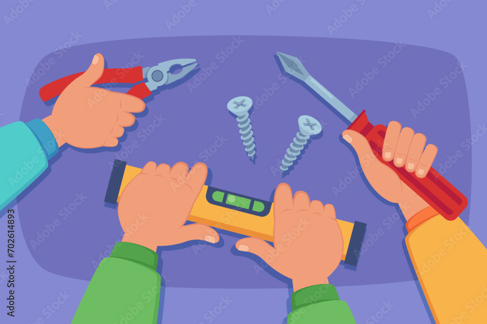 Hands holding different tools flat vector illustration. Workers hands ...