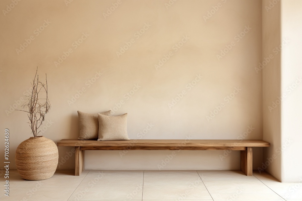 Earthy textures and clean lines come together as a wooden bench graces ...