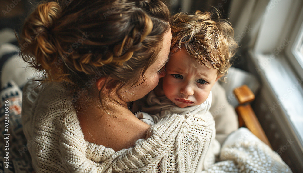Loving understanding Mother embracing little crying child comforting upset kid, Caring mother ...