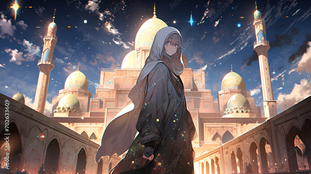 Hijab anime girl walk to Mosque Stock Illustration | Adobe Stock