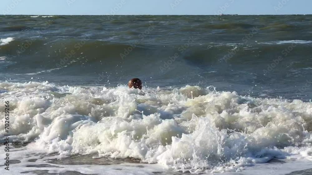 Vidéo Stock A child swims in the Sea of Azov. A boy jumps into the sea ...