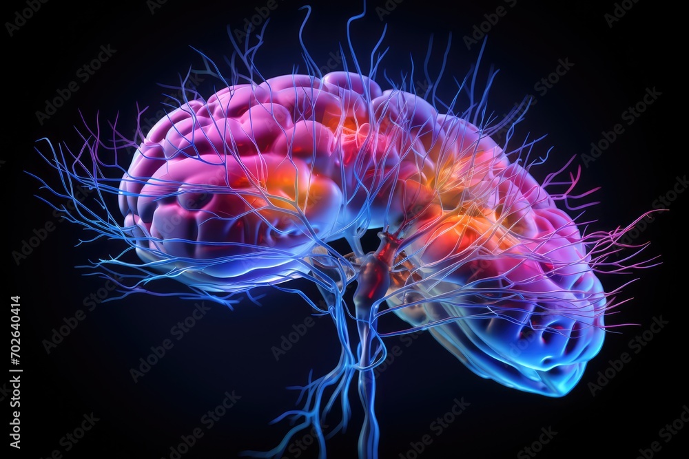 Bright 3D human mind brain image with seamless swirls, colorful ...