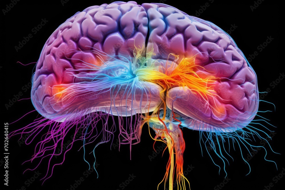 Bright 3D human mind brain image with seamless swirls, colorful ...