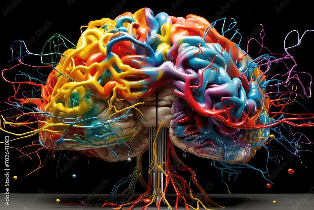 Vibrant colorful brain, Neurons create a vivid tapestry of synapses ...