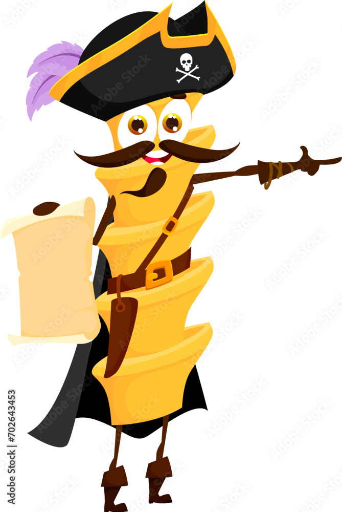 Cartoon italian fusilli pasta pirate captain character with treasure ...