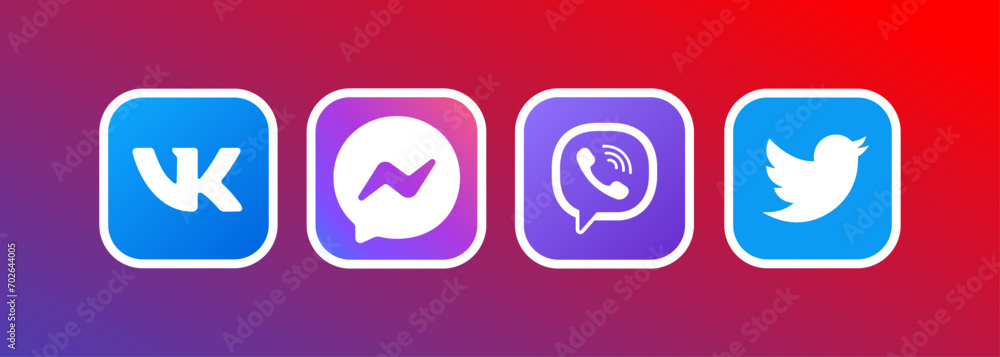 Social media icons set. VK, Messenger, Viber, Twitter X logos. Set of ...