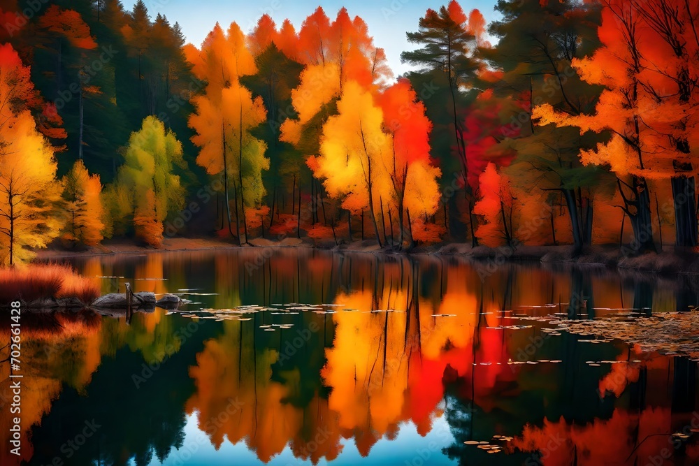 Scenic sundown, best and beautiful fall autumn lake landscape of trees reflected in water ...