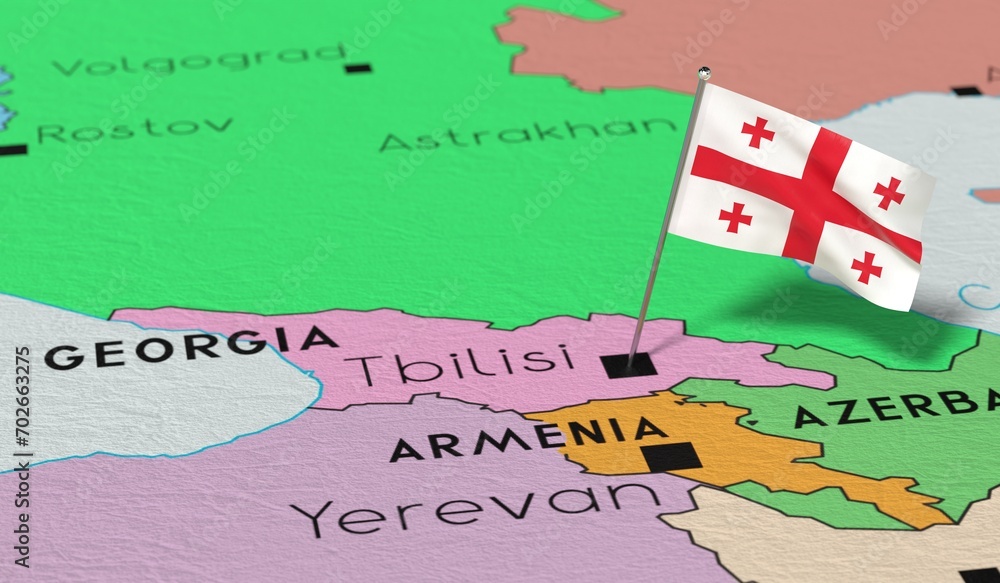 Georgia, Tbilisi - national flag pinned on political map - 3D ...
