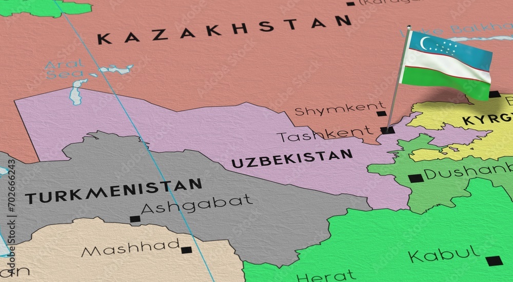 Uzbekistan, Tashkent - national flag pinned on political map - 3D ...