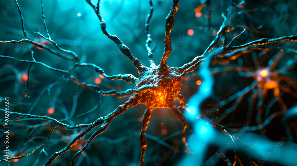 Neurons activity. Synapses and axones transmitting electrical signals ...