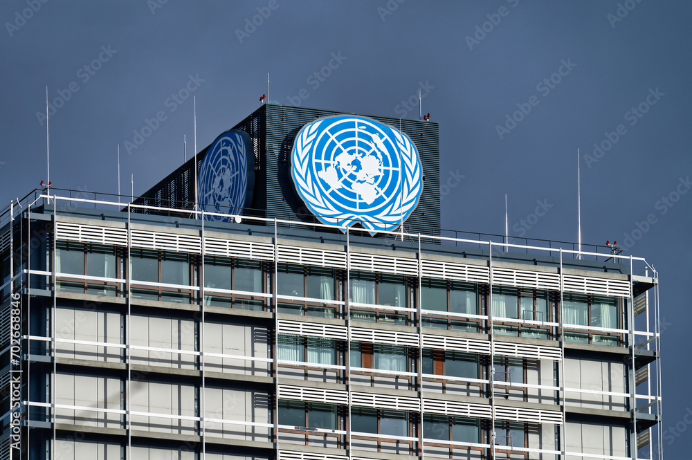 Bonn, Germany January 03 2024: UN emblem on the former parliamentary ...
