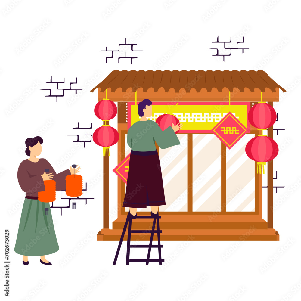 Vektorov Grafika People Decorating Their Door With Spring Couplets vektorov-grafika-people-decorating-their-door-with-spring-couplets