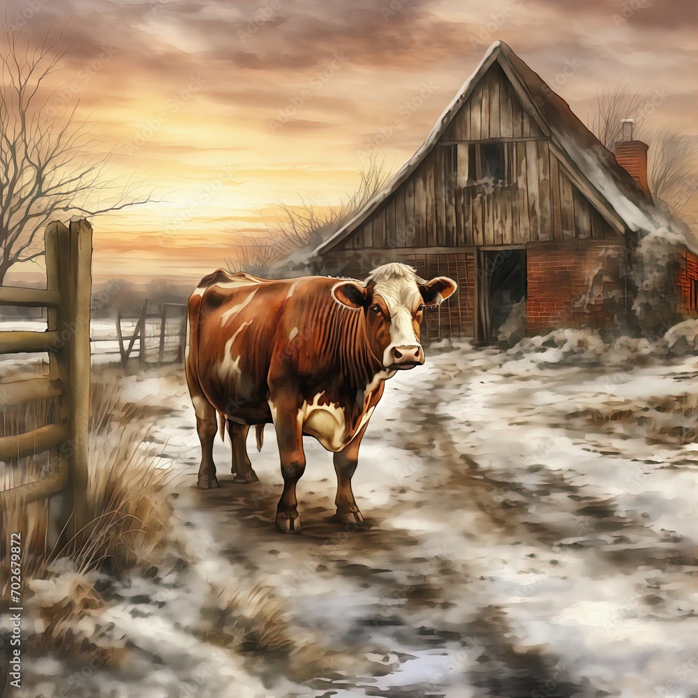 A cow on a pasture in the village. Barn. Bovine. Shed. Shabby hut ...