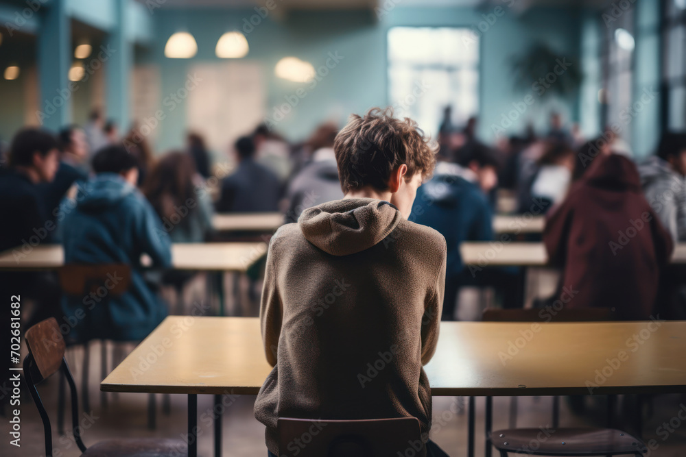 Sad autistic teenage boy sitting alone in school cafeteria Stock Photo ...