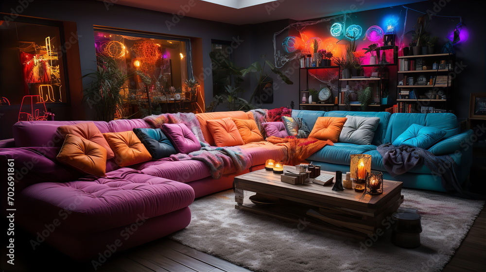 Multi colored sofa in room with red violet lighting. Interior design ...