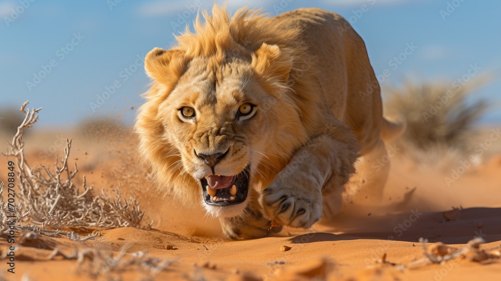 Close-up of an aggressive lion stalking its prey. Lion attack on prey ...