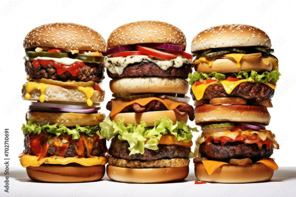 several different types of burgers are shown along a white background ...