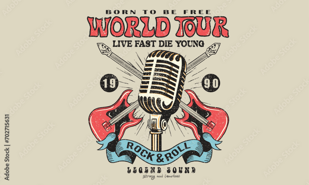 Guitar and Microphone music poster design. Rock and roll vintage print ...