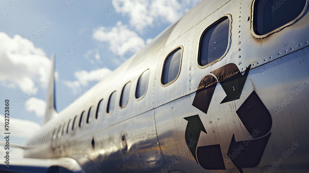 An eco-friendly airplane emblazoned with a recyclable symbol on its ...