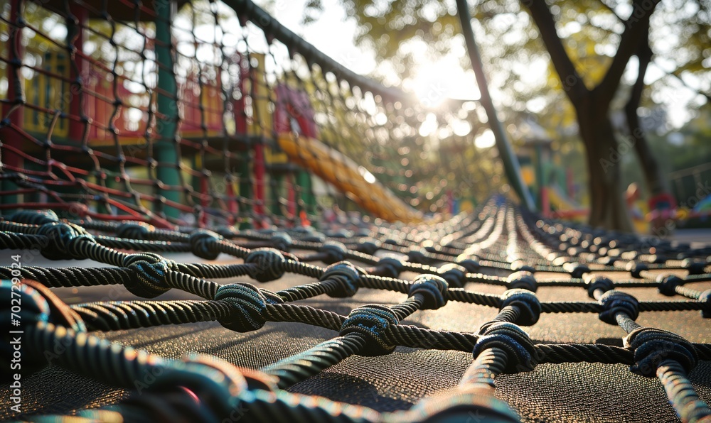 close-up of a rope bridge in a park. The bridge is made of thick ropes ...