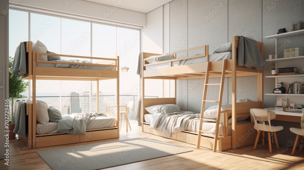 four-person student dorm room, bunk bed, neat and clean, minimalist ...