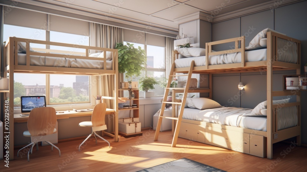 four-person student dorm room, bunk bed, neat and clean, minimalist ...
