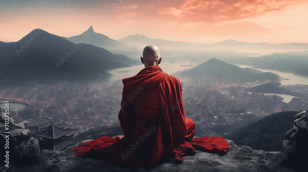 Buddhist monk dressed in red , bald head, meditates on mountain top and ...
