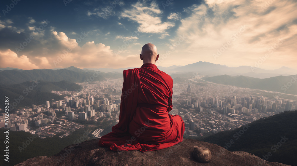 Buddhist monk dressed in red , bald head, meditates on mountain top and ...