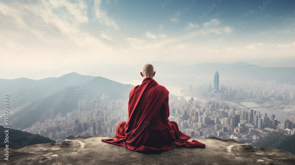 Buddhist monk dressed in red , bald head, meditates on mountain top and ...