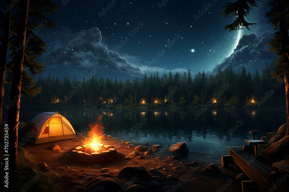 Serene camping scene at night on a lake, where a warm and inviting campfire flickers under a sky ...