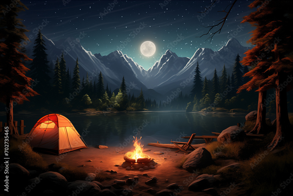 Serene camping scene at night on a lake, where a warm and inviting campfire flickers under a sky ...