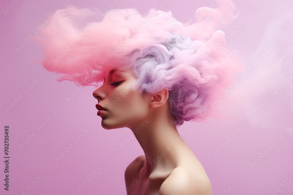 Beautiful Woman with pink smoke instead of her hair, her hair is ...