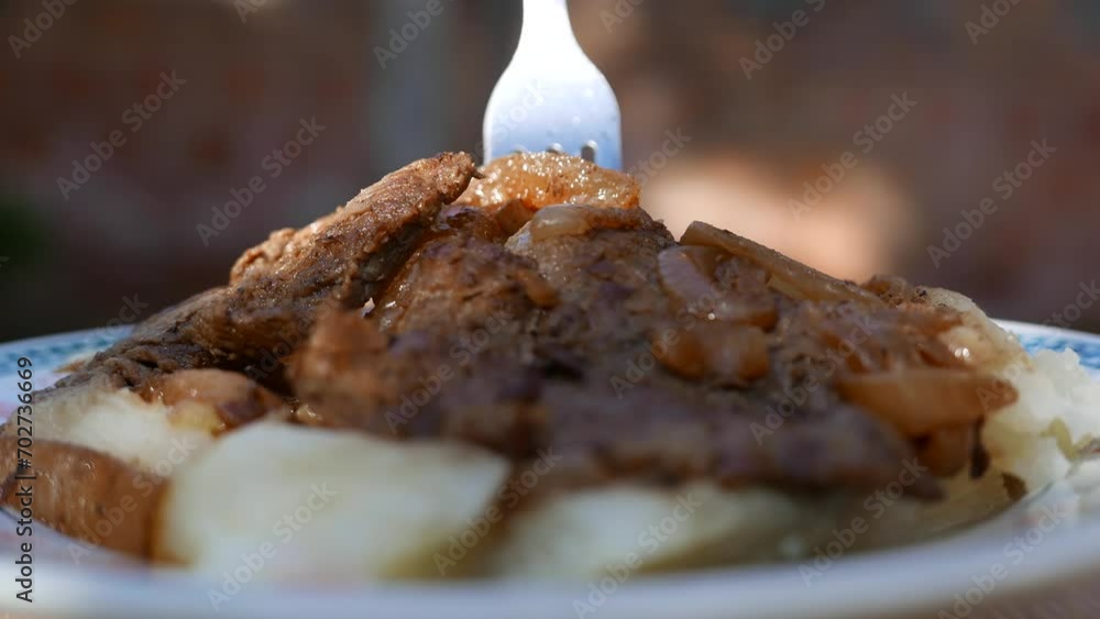 Close-up shot: a hot lunch plate in the sun. Person eating cooked meat ...