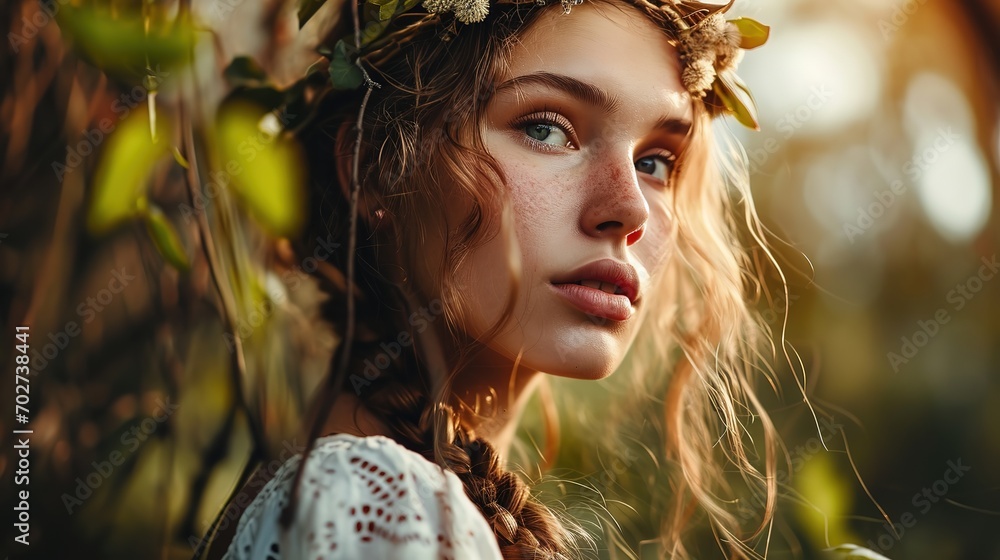 pretty woman close up fashion portrait in Bohemian Boho Chic style ...