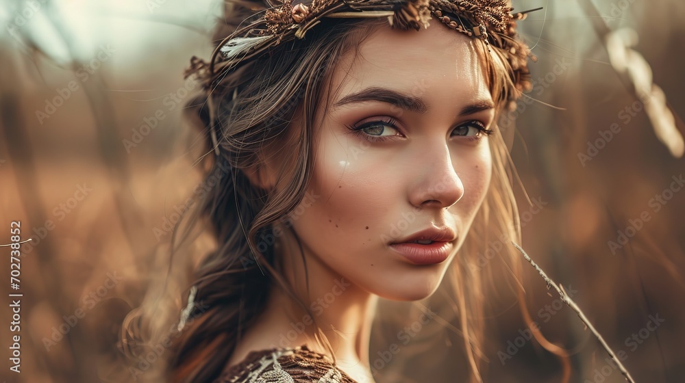 pretty woman close up fashion portrait in Bohemian Boho Chic style ...