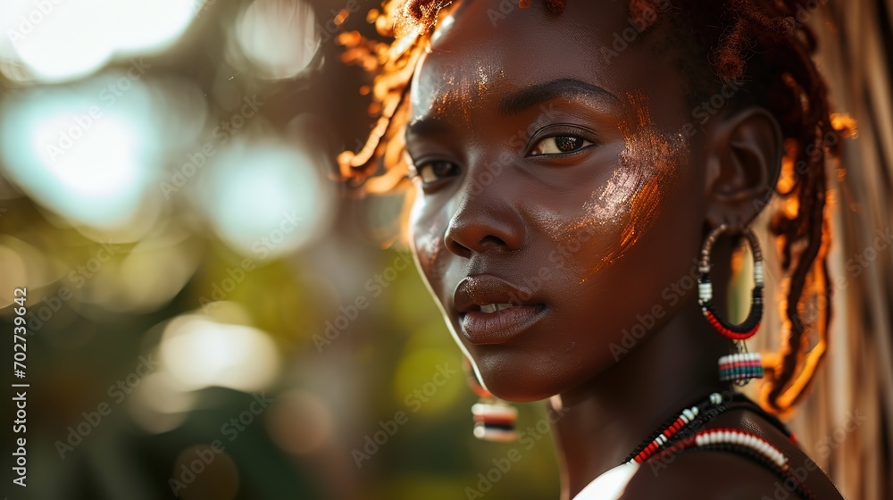 pretty African Tribal woman close up fashion portrait in Bohemian Boho ...