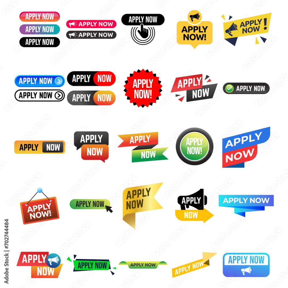 Set of Apply Now Button Vector. Flat and Modern style. Apply now Label ...