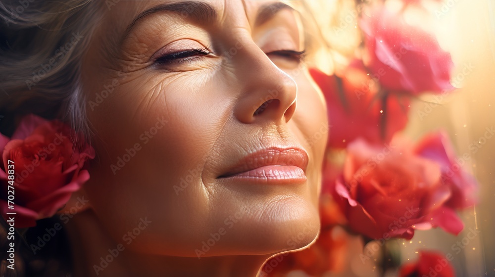 Rose petals delicately cascade onto middle aged woman face in close up ...