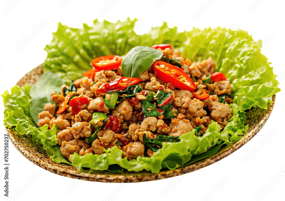 Food photo of Thai Larb Gai Minced Chicken Salad isolated on white ...