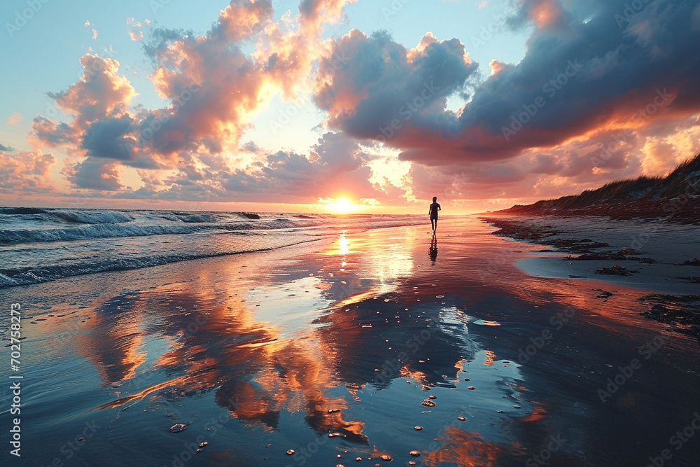 runner on a tranquil beach, the soft morning breeze tousling their hair ...