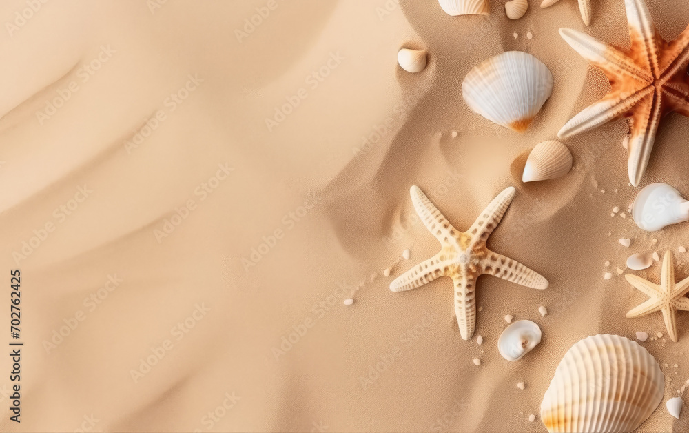 Shells and starfishes on the beach sand. Suitable for vacation posters ...