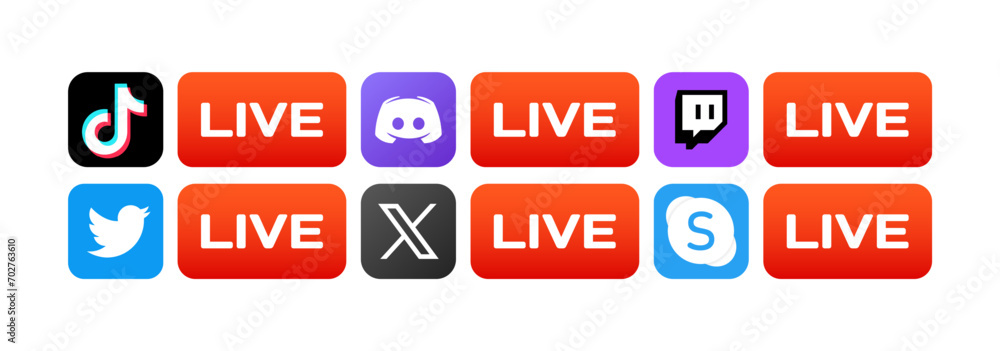 Social media live button logos. Editorial isolated color set of social ...
