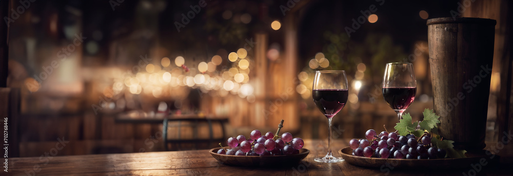 Red wine glasses and grapes in winery. Panoramic banner, header ...