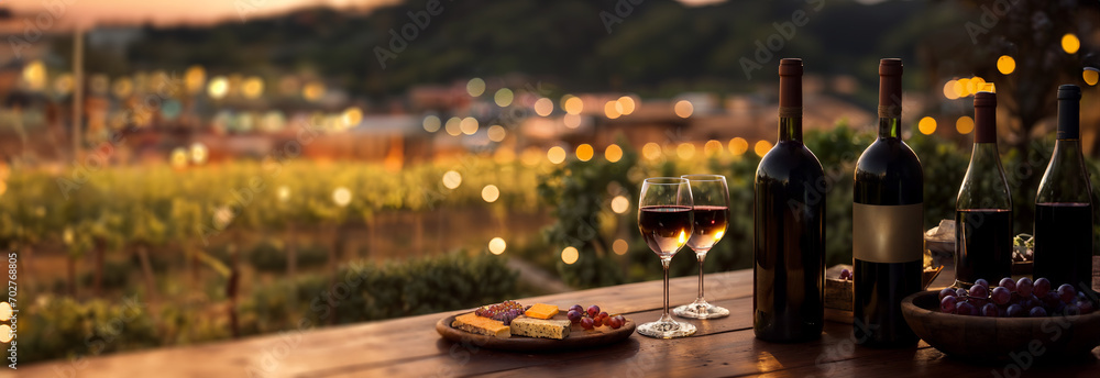 Wine bottles and glasses, wooden wine barrel in winery, sunset over ...