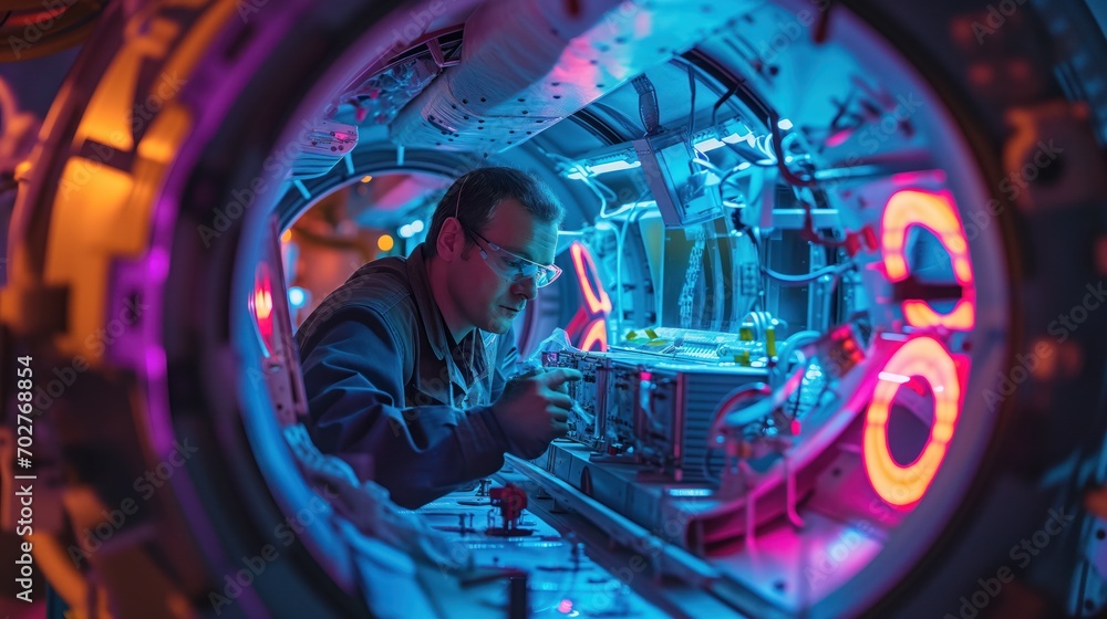 Astronaut working inside a space module Stock Photo | Adobe Stock